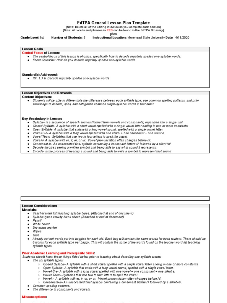 Edtpa General Lesson Plan Template | Download Free PDF | Syllable | Vowel