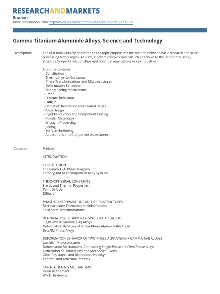 Gamma Titanium Aluminide Alloys Science and | PDF