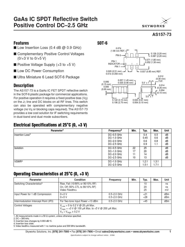 Gaas Ic SPDT Reflective Switch Positive Control Dc-2.5 GHZ: Features ...