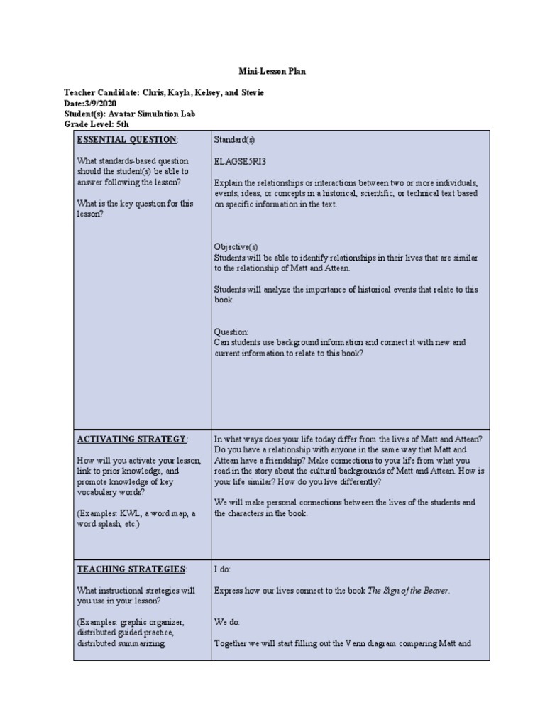 Sign of The Beaver Mini Lesson Plan Updated | PDF | Epistemology | Pedagogy