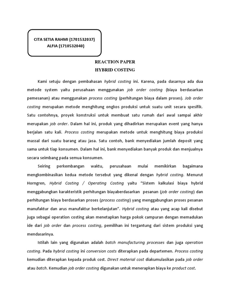 Reaction Paper Hybrid Costing Kel. 6 (Cita Setia Rahmi Dan Alfia) PDF | PDF