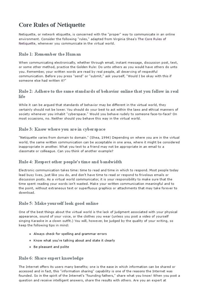 Core Rules of Netiquette | Download Free PDF | Etiquette | Virtual World