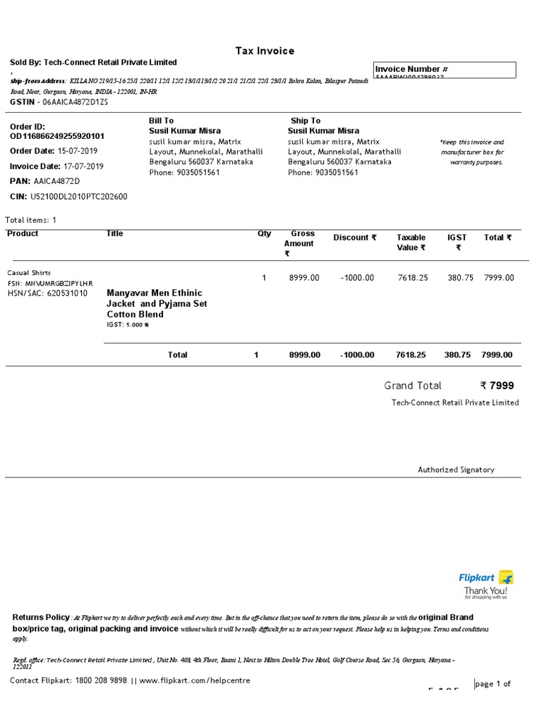 Tax Invoice: Manyavar Men Ethinic Jacket and Pyjama Set Cotton Blend ...