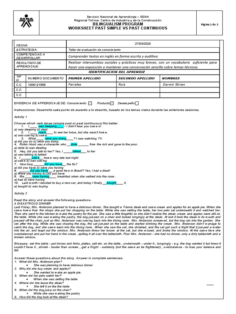 G3.Past Simple vs. Past Continuous Worksheet... | PDF | Grammar
