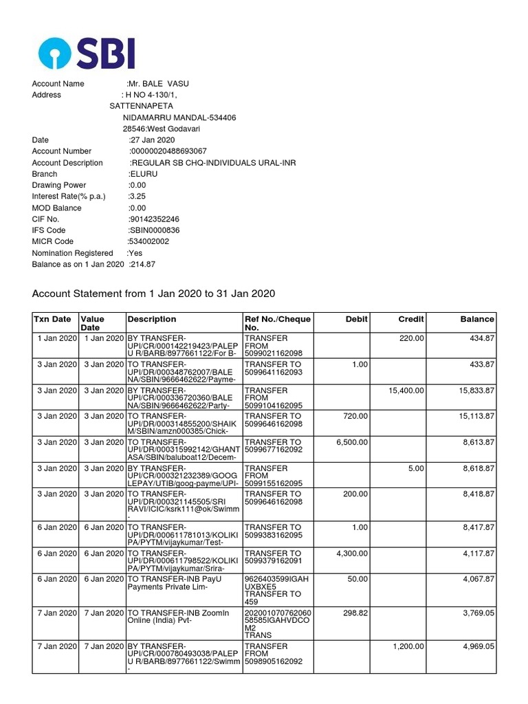 Account Statement From 1 Jan 2020 To 31 Jan 2020: TXN Date Value Date Description Ref No./Cheque ...
