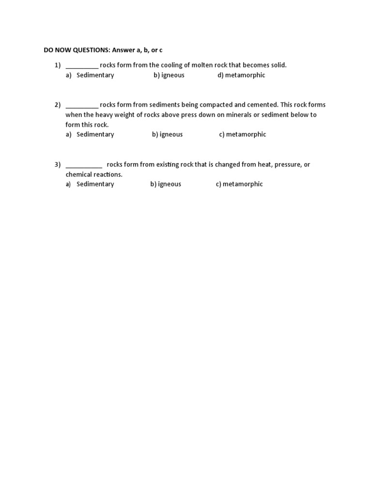 Do Now Questions Rock Types April 23 | PDF