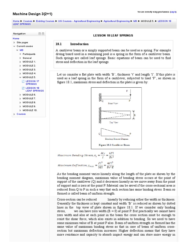 Machine Design 3 (2+1) : Lesson 18 Leaf Springs | PDF | Bending | Beam ...