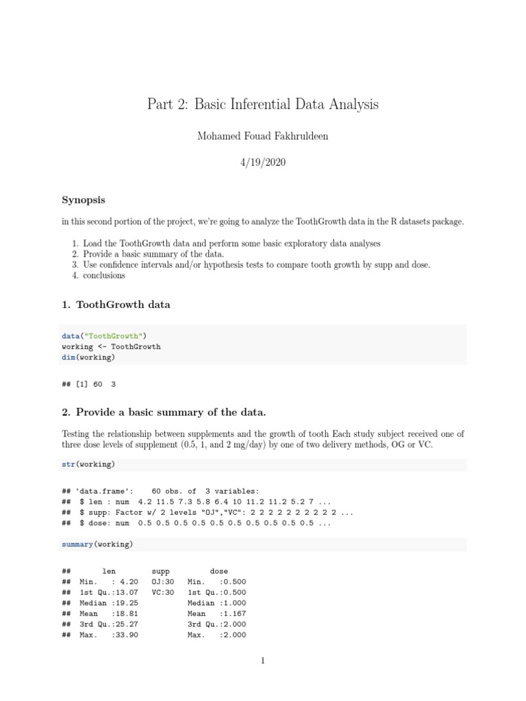 Part 2: Basic Inferential Data Analysis: Synopsis | PDF | Student's T ...