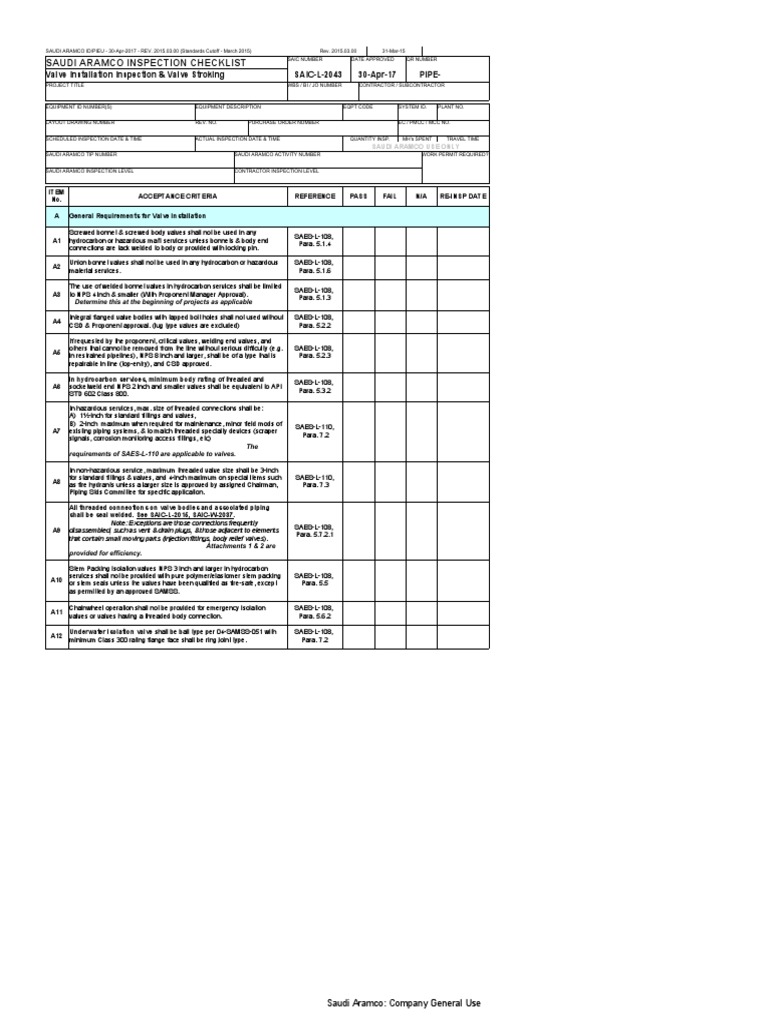 Saudi Aramco Inspection Checklist: Valve Installation Inspection ...