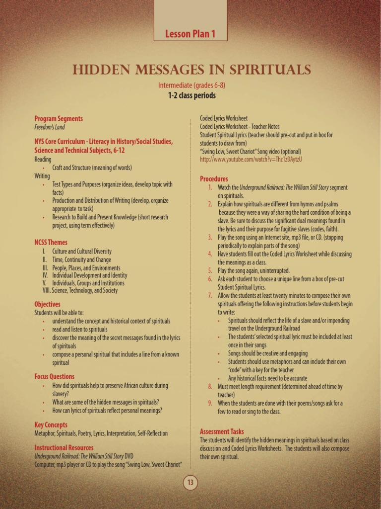 Hidden Messages in Spirituals: Lesson Plan 1 | PDF | Underground ...