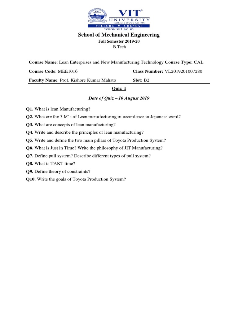Lean Manufacturing Quiz Questions | PDF | Business | Finance & Money ...