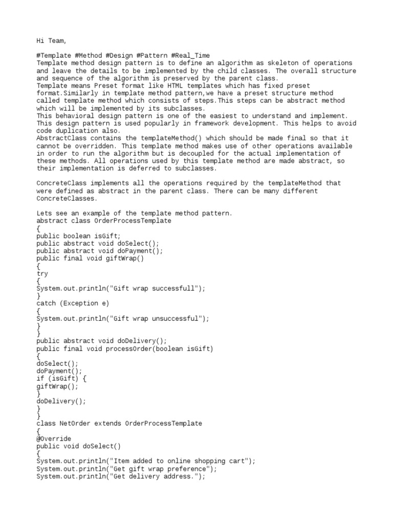 An Explanation Of The Template Method Design Pattern For Defining Algorithm Structure While