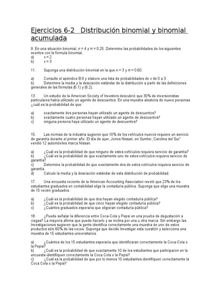 Ejercicios 6-2 Distribución Binomial y Binomial Acumulada Cov | PDF | Coca Cola | Probabilidad
