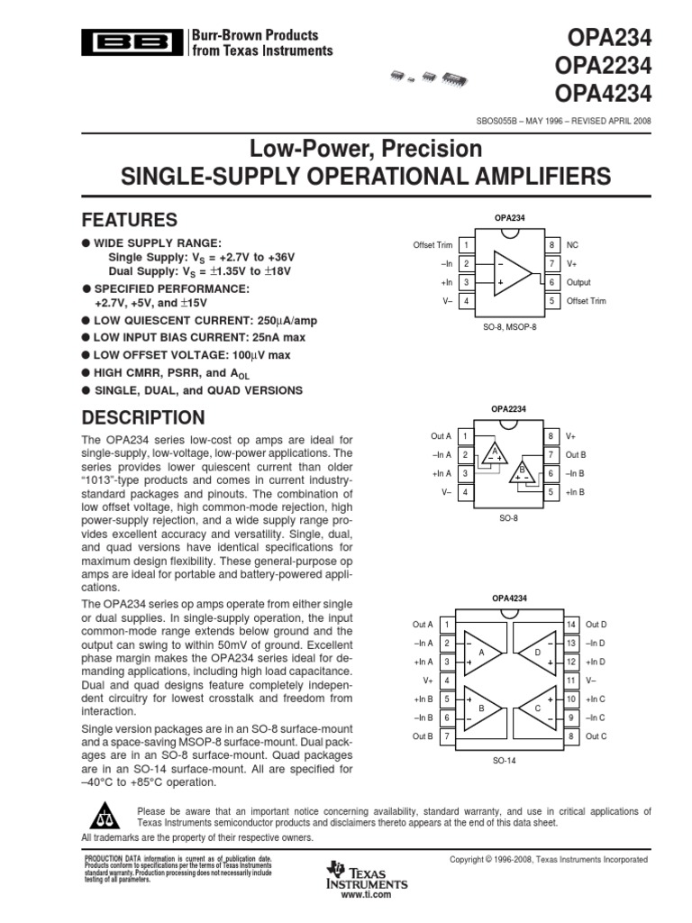 OPA234 OPA2234 OPA4234: Features | PDF | Operational Amplifier | Amplifier