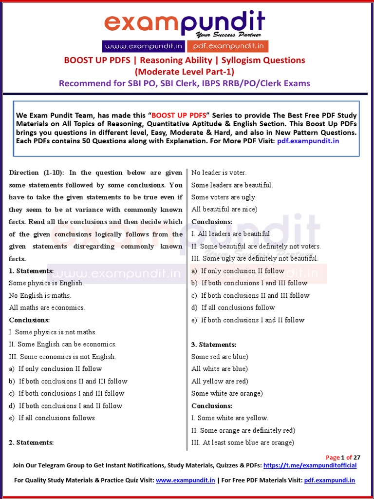 Syllogism Questions Moderate Level Part 1 Boost Up Pdfs Pdf Quiz Reason