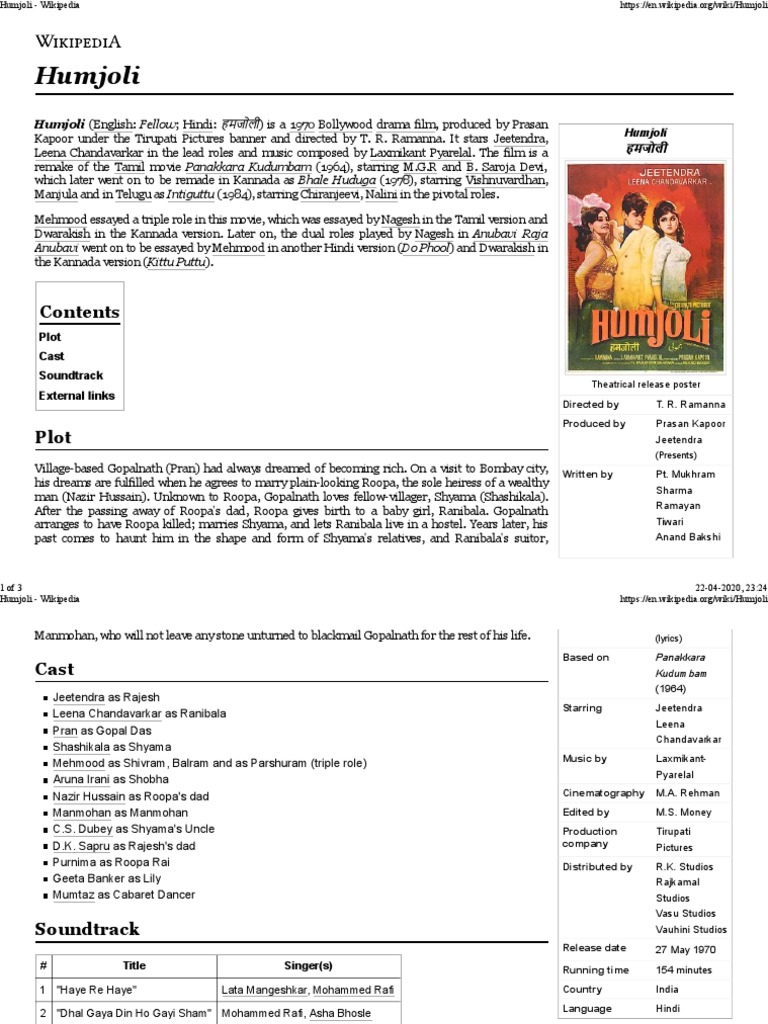 Humjoli: Directed by T. R. Ramanna Produced by Prasan Kapoor Jeetendra ...