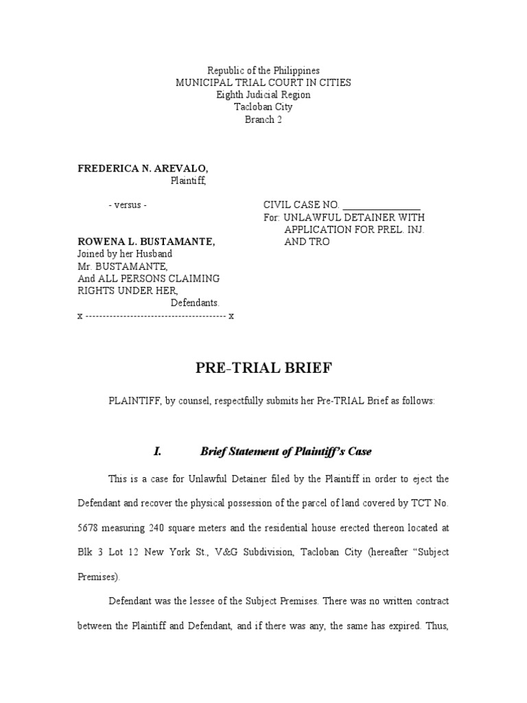 12 Preliminary Conference Brief | PDF | Discovery (Law) | Lease