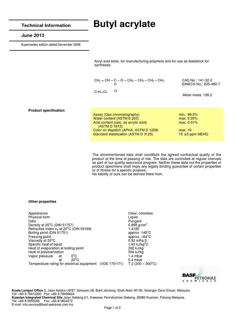 Butyl Acrylate: Technical Information June 2013 | PDF | Copolymer | Ester