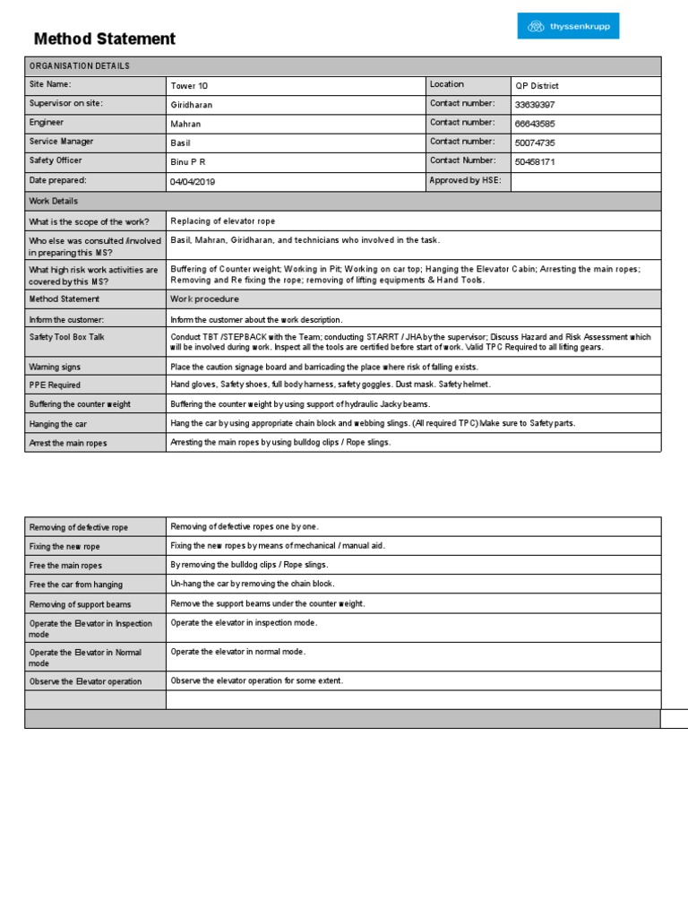 Method Statement | PDF | Elevator | Personal Protective Equipment