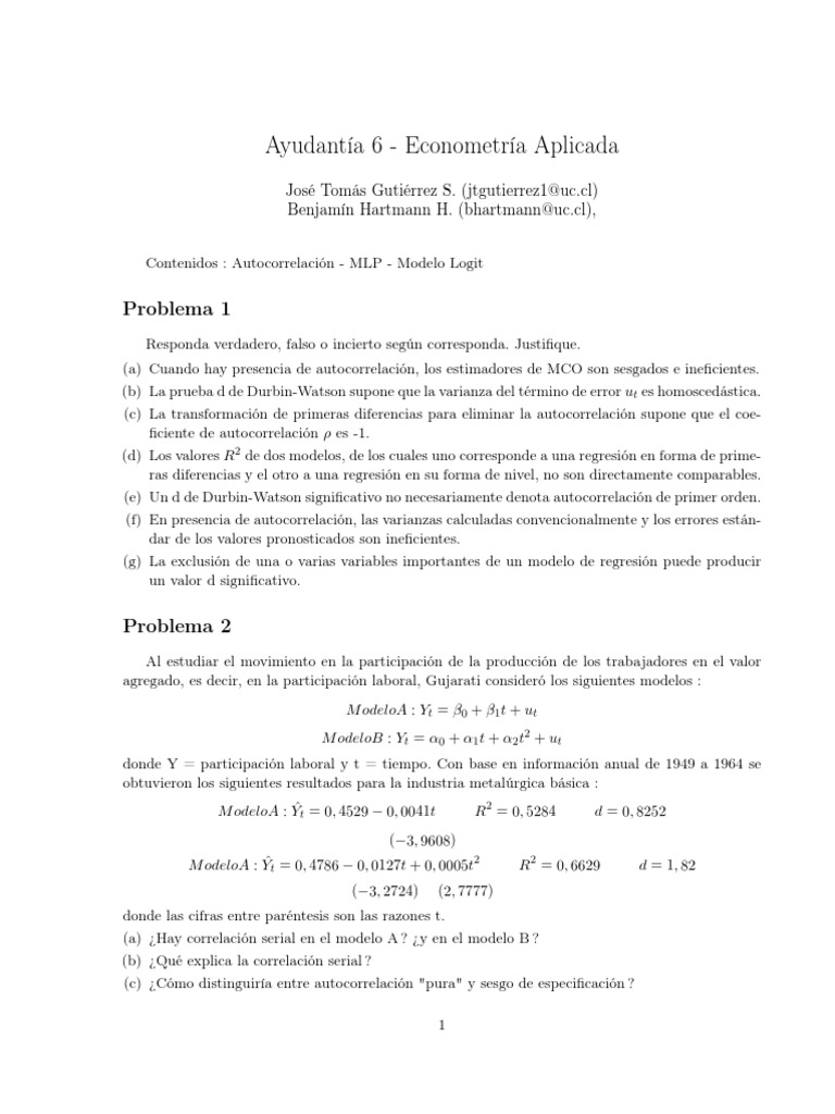 Ayudant A 6 Econometr A Aplicada 2019 2 PDF | PDF | Teoría de la estimación | Estadísticas ...