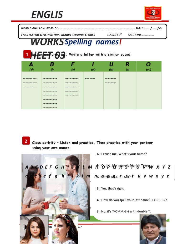 Englis H Works Heet 03: Spelling Names | PDF