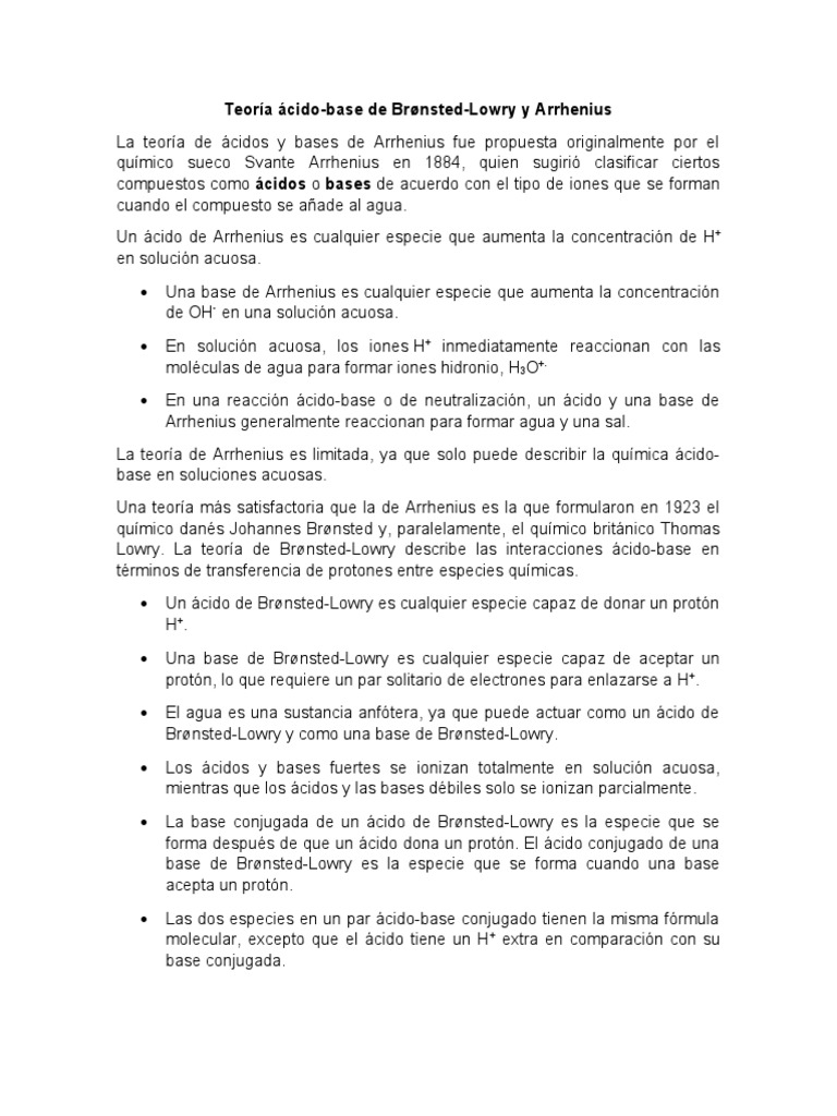 Teoria Bronsted-Lowry y Arrhenius | PDF