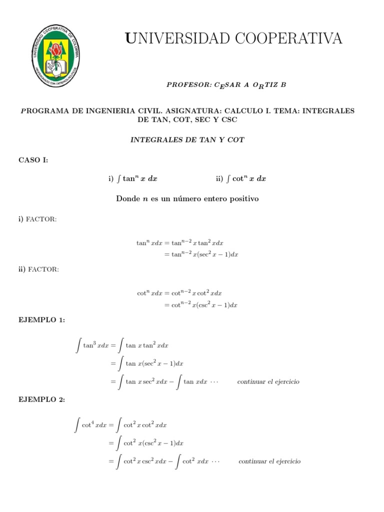 Integrales de Tan, Cot, Sec y CSC Calculo Integral Cooperativa | PDF ...