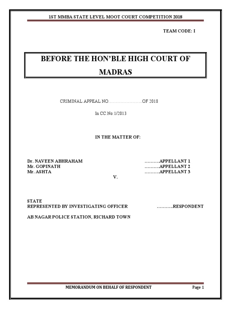 Before The Hon'Ble High Court of Madras: CRIMINAL APPEAL NO ..OF 2018 ...