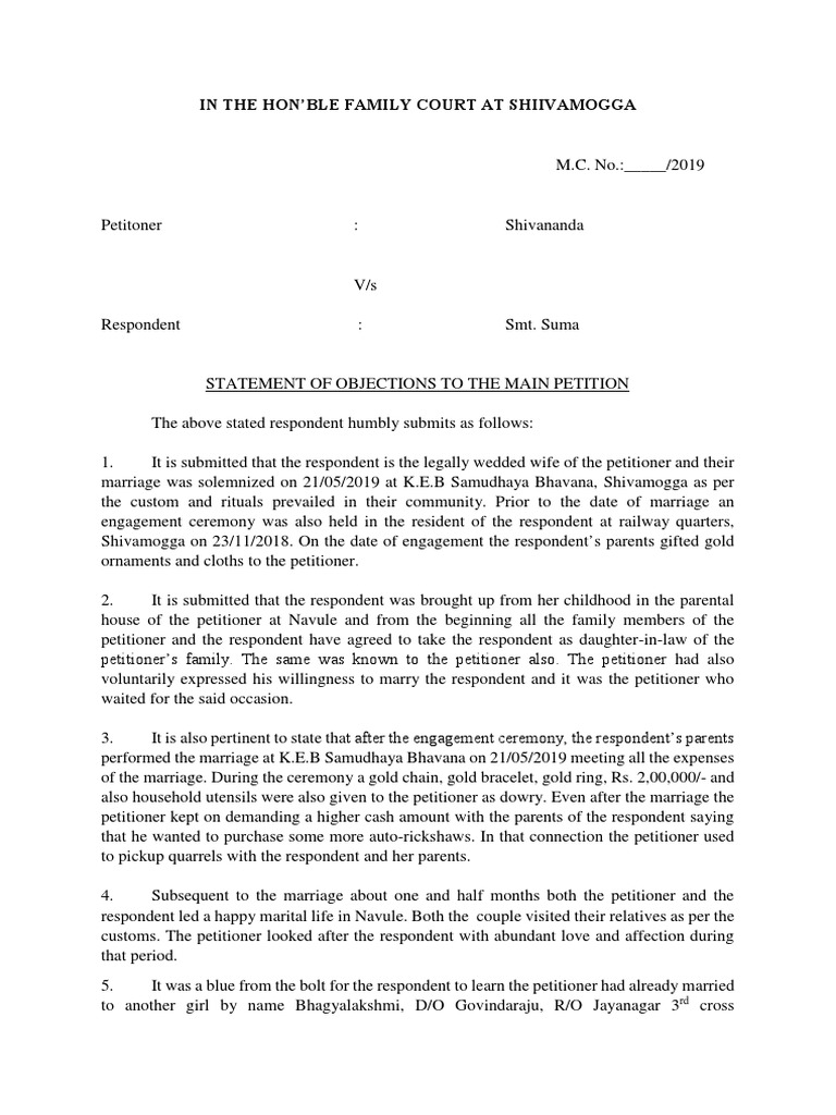 Objections to Divorce Petition in Court | PDF | Marriage | Marriage ...