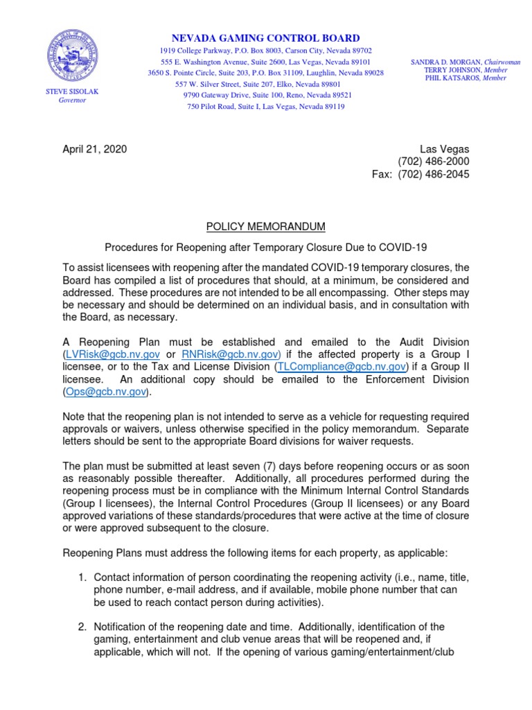 Nevada Casino Reopening Guidelines | PDF | Nevada | Internal Control