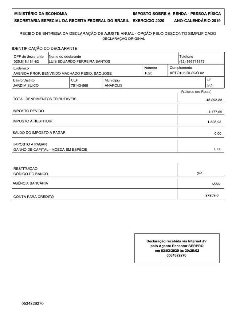 IRPF 2020 2019 Origi Imagem Recibo | PDF | Imposto de Renda | Impostos