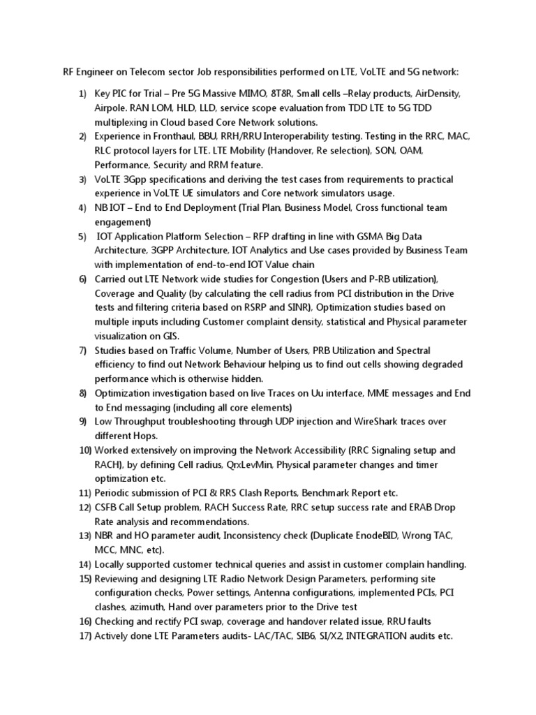 RF Engineer Responsibilities in Telecom | PDF | Lte (Telecommunication ...
