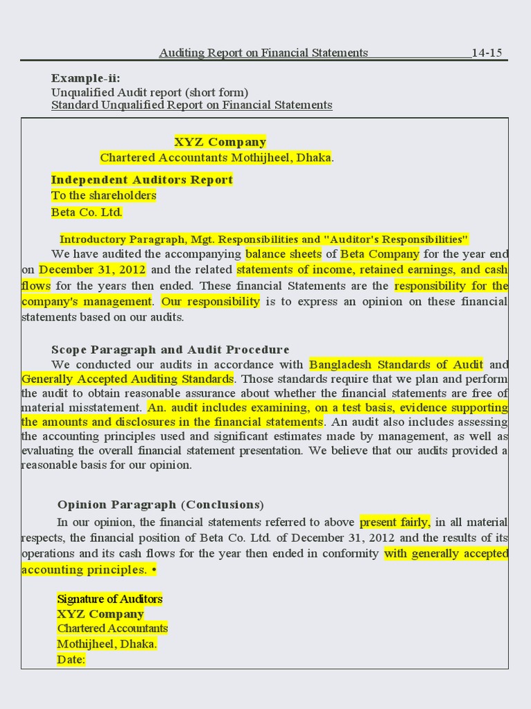 Unqualified Audit Report Specimen | PDF