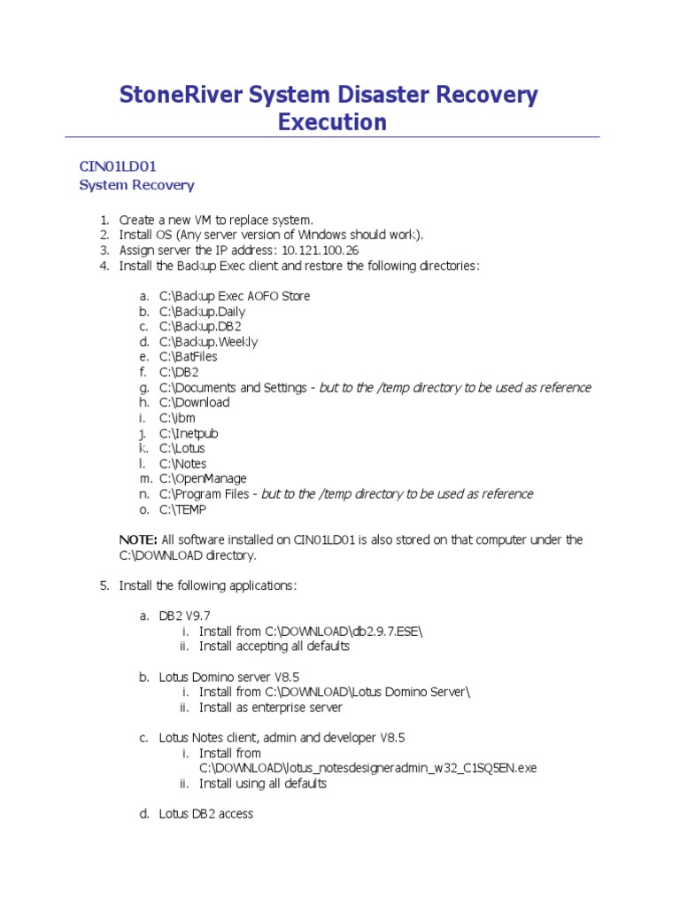 CIN01LD01 - StoneRiver Disaster Recovery Plan BCP Execution | PDF | Ibm ...