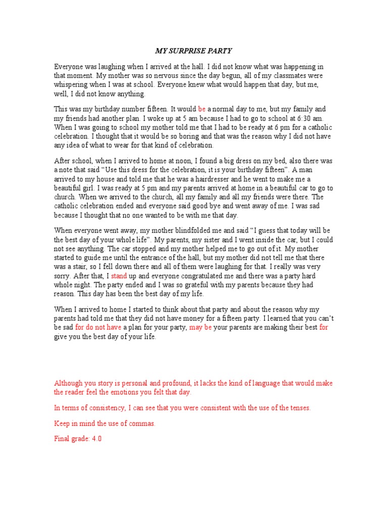 Narrative Essay - MY SURPRISE PARTY | PDF