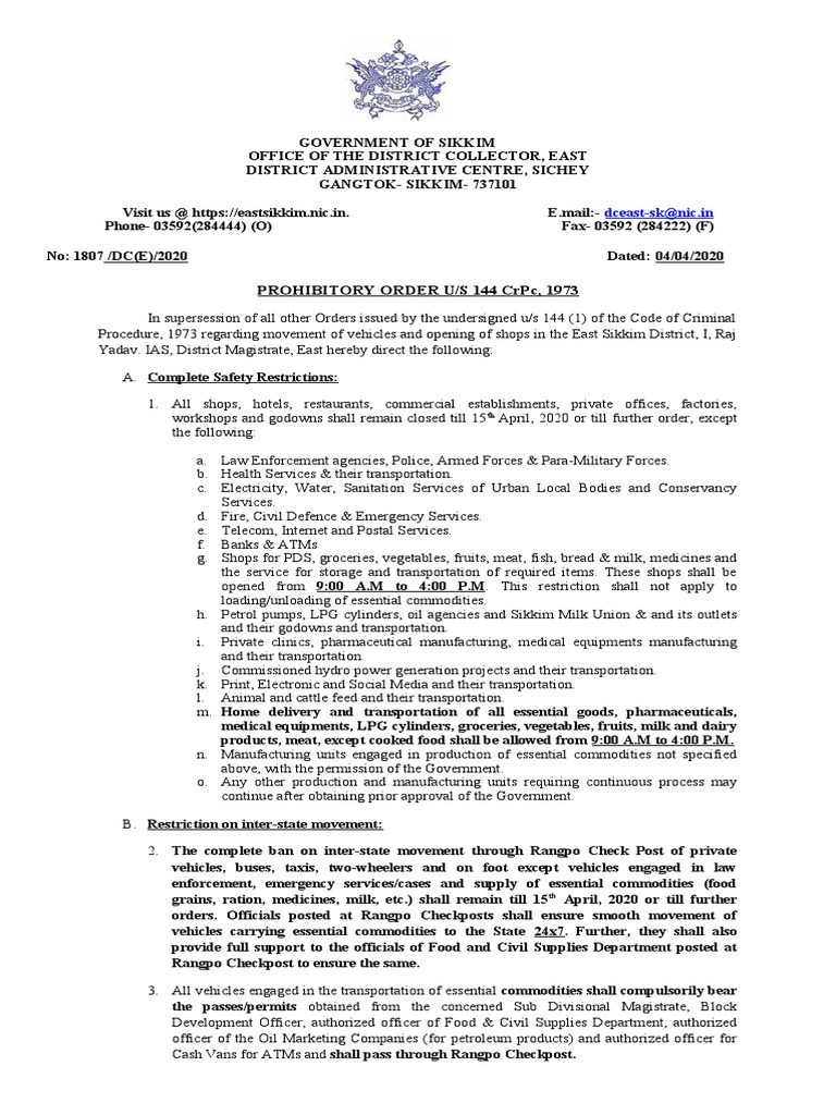 Prohibitory Order 4-4-2020 | PDF | Foods | Transport