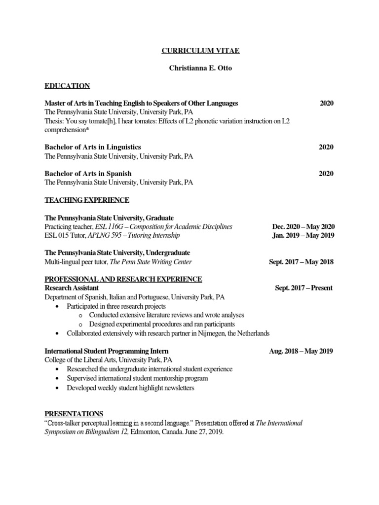 CV 2020 | PDF | Pennsylvania State University | English As A Second Or ...