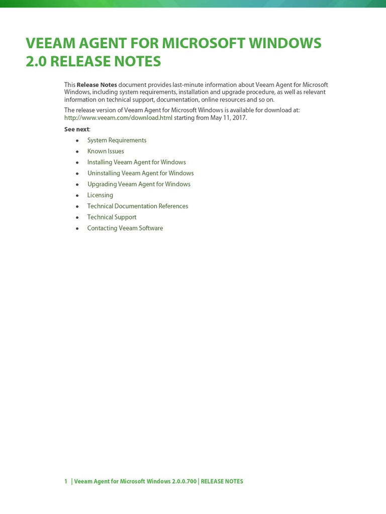 Veeam Agent for Windows 2.0 Release Notes | PDF | Backup | Microsoft ...