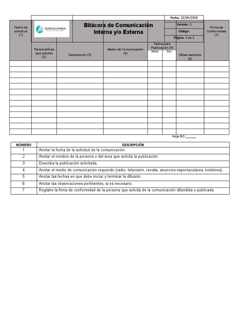 Formato Bitacora de Comunicaciones Internas y Externas | PDF