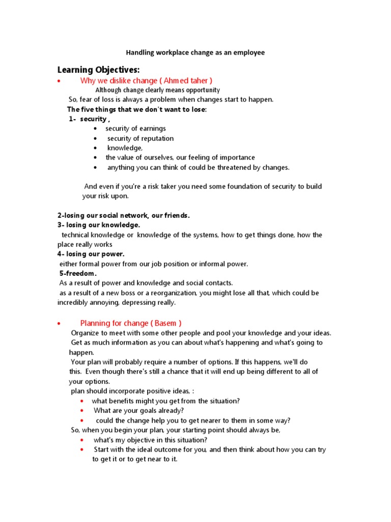 Handling Workplace Change As An Employee For Team | PDF | Risk | Action ...