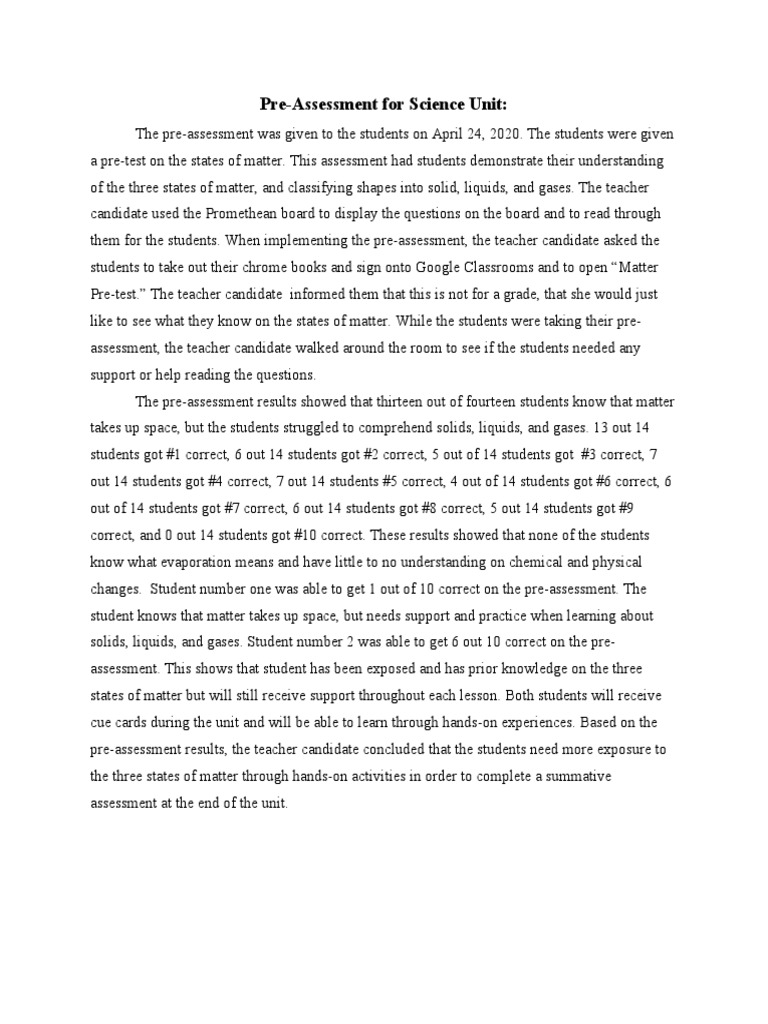 Pre-Assessment For Science Unit | PDF