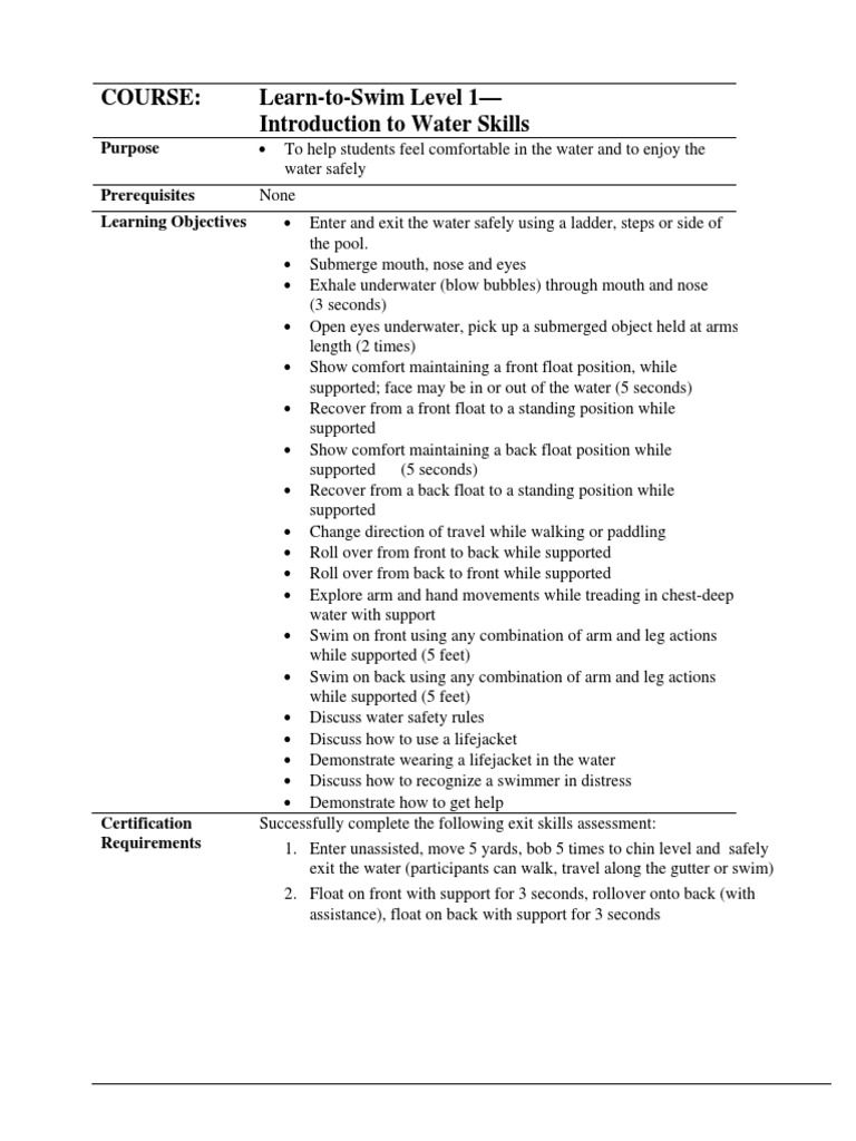 Level 1 Swim Skills Checklist | PDF | Swimming | Swimming (Sport)