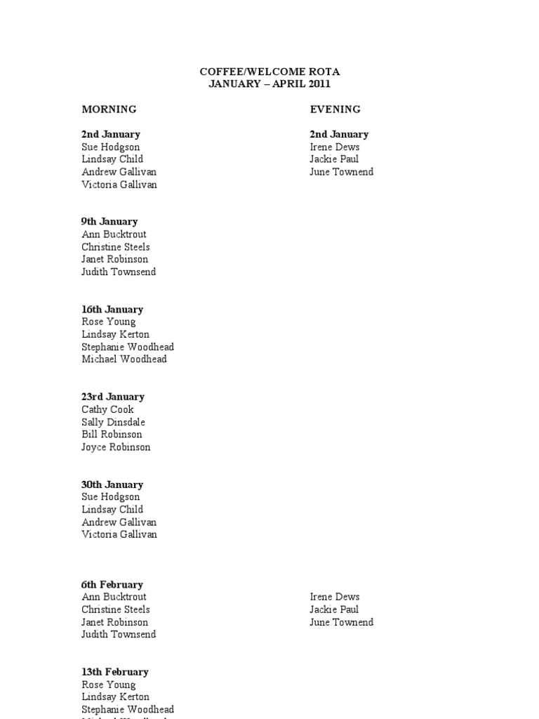 Welcome & Coffee Rota Jan - April 2011 | PDF | Art | Mystery, Thriller ...