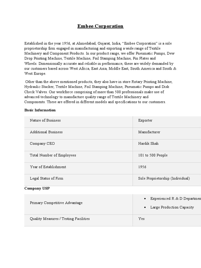 Embee Corporation: Basic Information | PDF | Machines | Factory