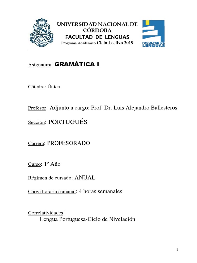 Gramática I 2019 Portugués | PDF | Verbo | Lengua portuguesa