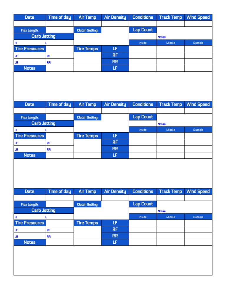Race Car Testing Data Sheet - Air Conditions, Vehicle Settings, Tire ...