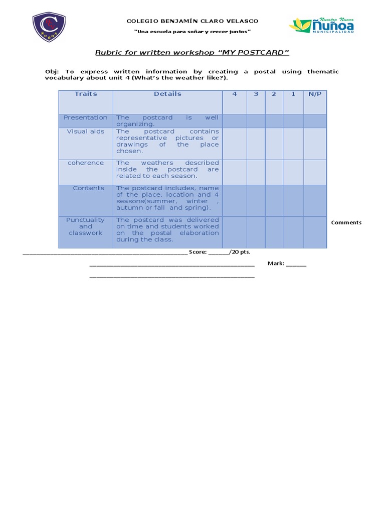 Rubric For Written Workshop "MY POSTCARD": Traits Details 4 3 2 1 N/P | PDF