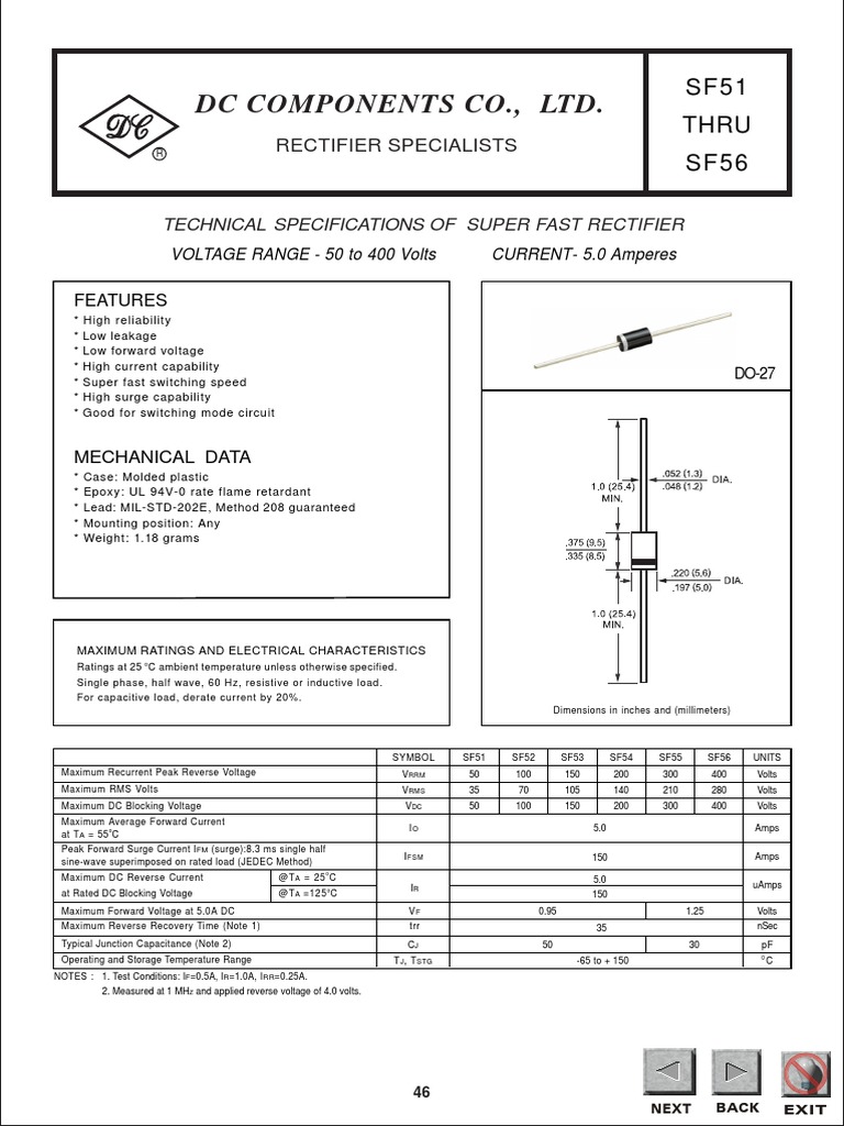 DC Components Co., LTD.: SF51 Thru SF56 | PDF | Rectifier | Voltage