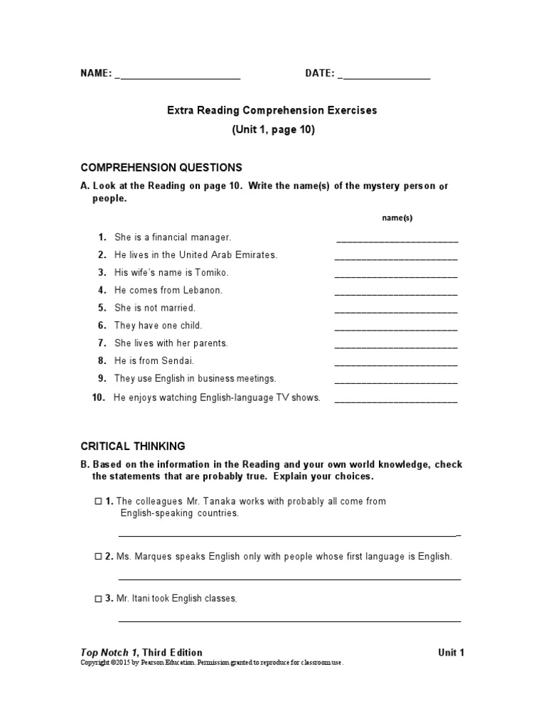 Extra Reading Comprehension (Unit 1, Page 10) Exercises: Name(s) | PDF