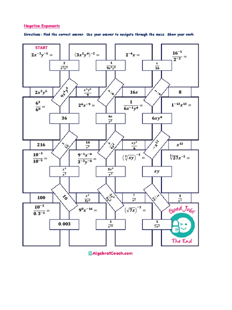 Negative Exponents: Directions: Find The Correct Answer. Use Your ...